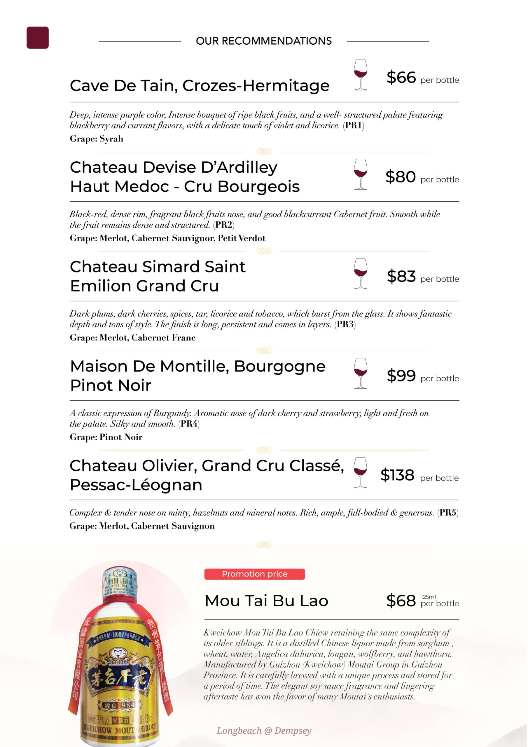 Wine Menu Dempsey | Long Beach Seafood