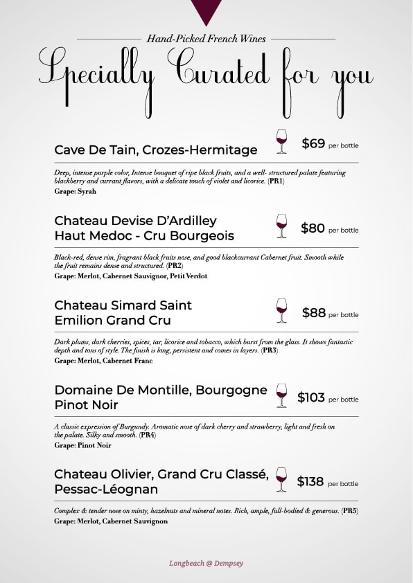 Wine Menu Dempsey | Long Beach Seafood